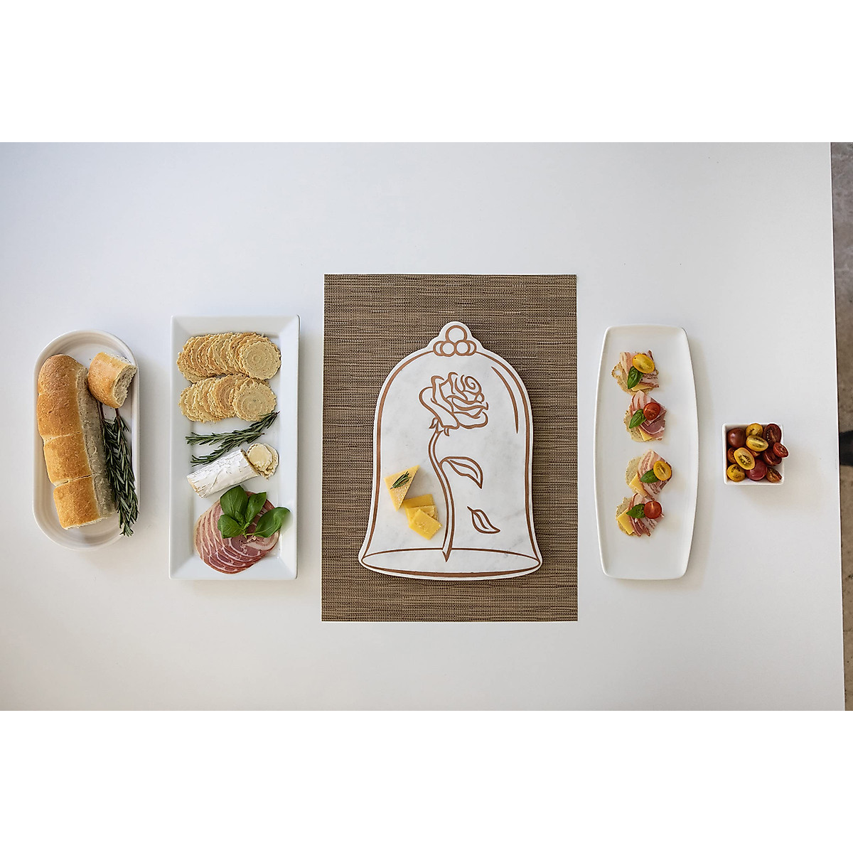 PICNIC TIME Disney Princess Beauty & the Beast Marble Serving Stone, Cheese Board, Charcuterie Board, Serving Tray, (White Marble with Rose Gold Accents)