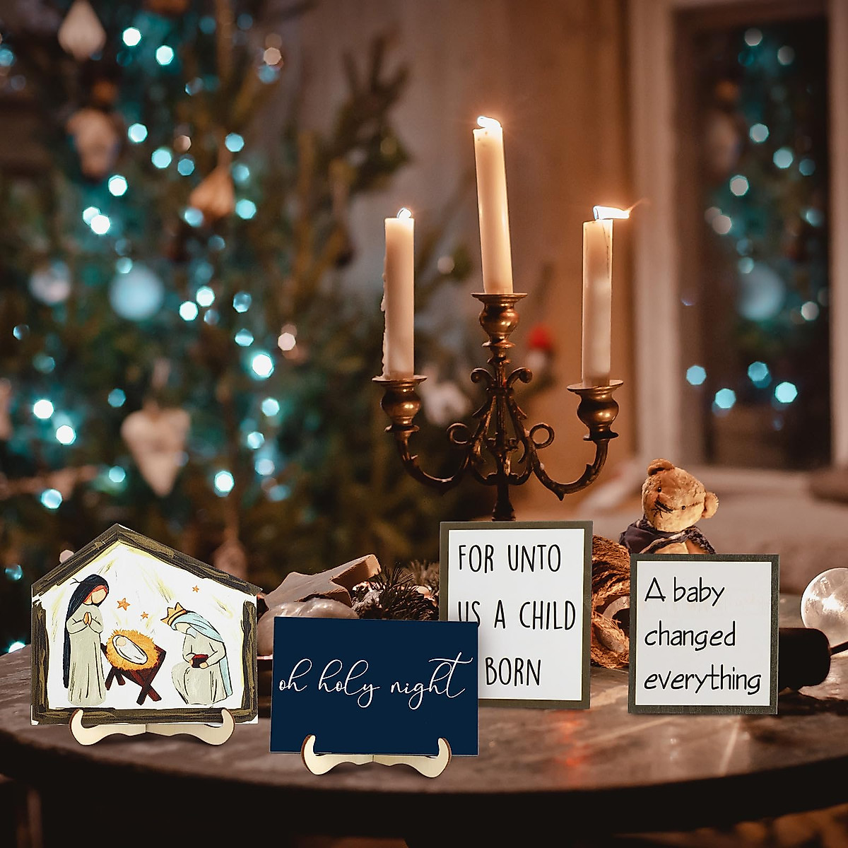 Bucherry 1 Sets Christmas Christian Jesus Nativity Tiered Tray Decor Farmhouse Nativity Decor Angels Mangers Jesus' Birth Wooden Christian Decor for Home Table Mantel