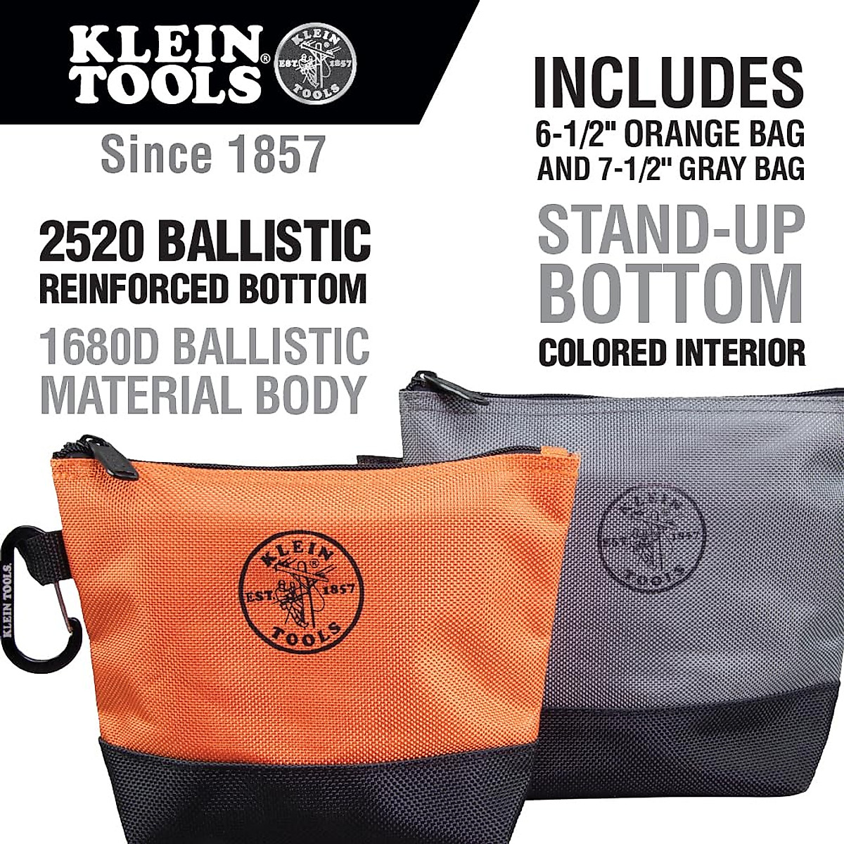 Klein Tools 55470 Utility Bag, Stand-Up Zipper Tool Bags, Tough 1680d Ballistic Weave, Reinforced Bottoms, Orange/Black, Gray/Black, 2-Pack
