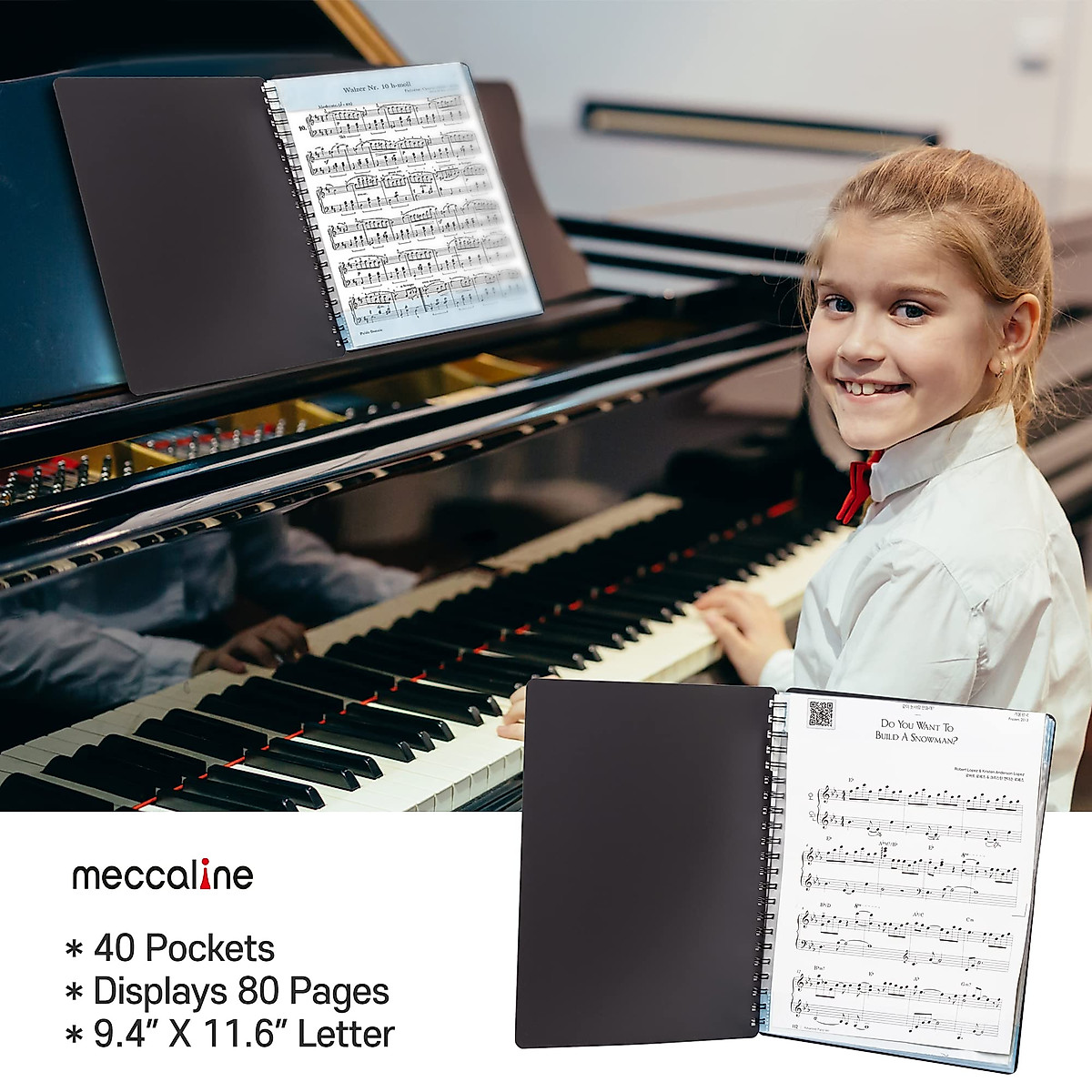 MECCALINE Sheet Music Folder (1 Pack, Black) – 40 Sleeves Display 80 Pages Spiral Binder Organizer for Music Stand – Fits Letter Size 8.5 x 11 Inch – Direct Page Writing with Detachable Name Tag