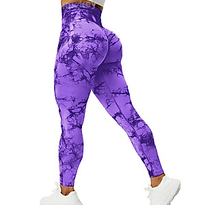 Rugkey Scrunch Butt Lift Leggings for Women Tie Dye High Waist Seamless Gym Workout Yoga Pants Ruched Booty Compression Tights Purple L