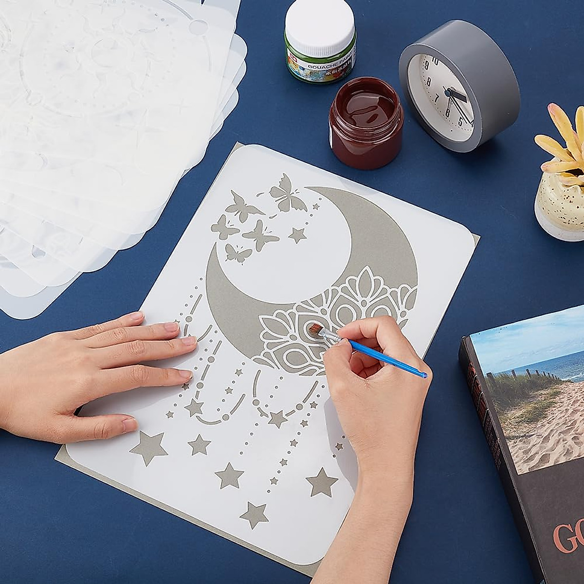 INFUNLY Wall Stencils for Painting 12X8 inches Reusable Star Moon Tile Stencil Walls Concrete Floor Stencils for Painting Patio Wall Cement Bathroom Floor Furniture