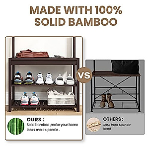 SEIRIONE Bamboo Coat Rack Shoe Bench, 5 in 1 Design Freestanding Hall Tree for Entryway Storage Organizer, 10 Hanger Hooks, 1 Upper Shelf, Easy Assembly,Dark Brown