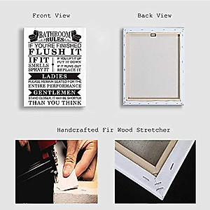 Kas Home Bathroom Canvas Wall Art | Rustic Bathroom Funny Rules Prints Signs Framed | Wood Background Bathroom Laundry Room Decor