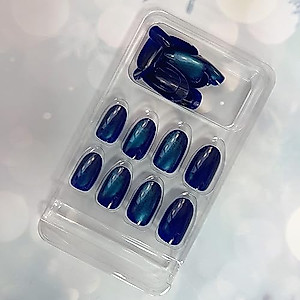 Aurora Press on Nails Almond, LPOODDNU Medium Press on Nails Aurora Cat Eye Glue on Nails for Women, Full Cover Stick on Nails - 24 Pcs Medium Oval False Nails Set