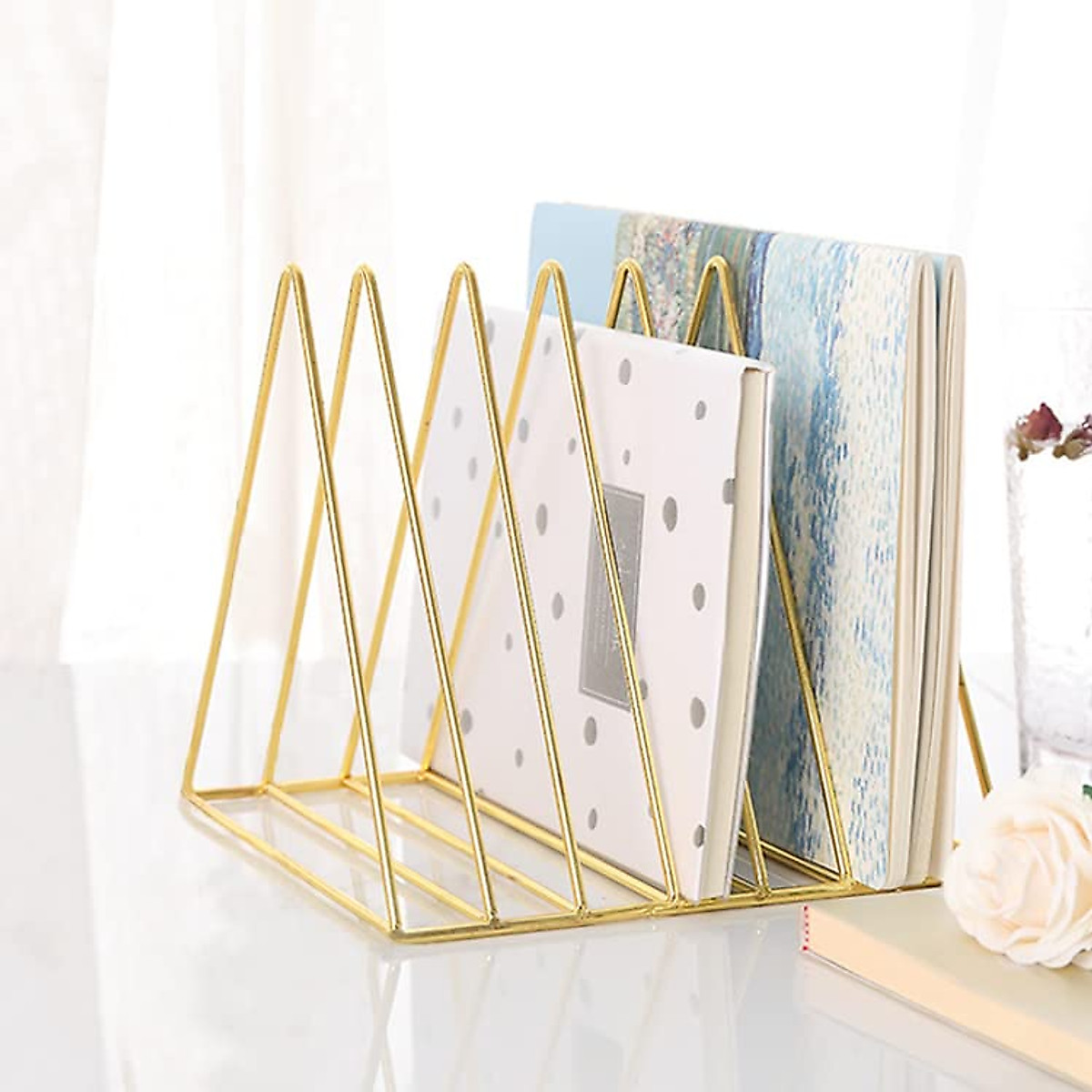 Urban Deco Triangle Desk Organizers Metal Wire Magazine Holder 7 Sections Decorative File Folder Organizer Vinyl Record Storage Office For Desk - Gold Magazine File Holder - Pack of 2