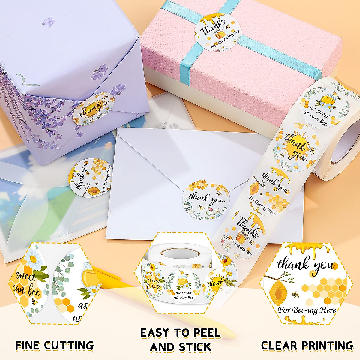 500 Pieces 1.5 Inch Bee Thank You Labels Baby Shower Bumble Stickers for Jars Bottle Gift Box Birthday Baby Shower Party Favor Label Stickers 8 Design