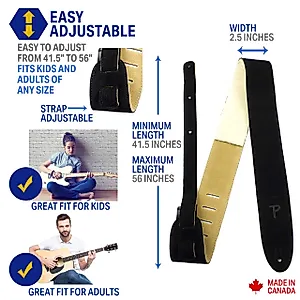 Perri's Leathers, Suede Guitar Strap, Sheepskin Pad, Black, Anti-Slip, Classic, Suitable for Each Level, Extra Long, 41" to 56" Inches Compatible with All Button Lock Systems