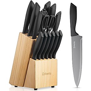 D.Perlla Knife Set with Block, 15 Pieces Stainless Steel Kitchen Knife Set with BO Oxidation Technology, No Rust, Sharp Knife Block Set