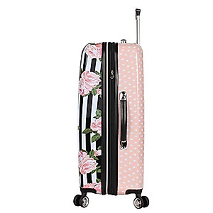 Betsey Johnson 26 Inch Checked Luggage Collection - Expandable Scratch Resistant (ABS + PC) Hardside Suitcase - Designer Lightweight Bag with 8-Rolling Spinner Wheels (Stripe Roses)