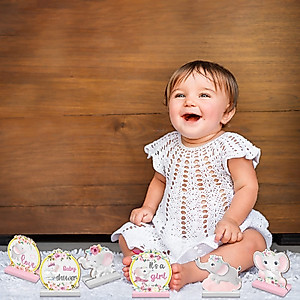 8 Pieces Pink Elephant Baby Shower Decorations Elephant Table Centerpiece Wooden Baby Shower Centerpieces for Girls Cute Wooden Sign for Baby Shower Birthday Photo Props Party Supplies, 8 Styles