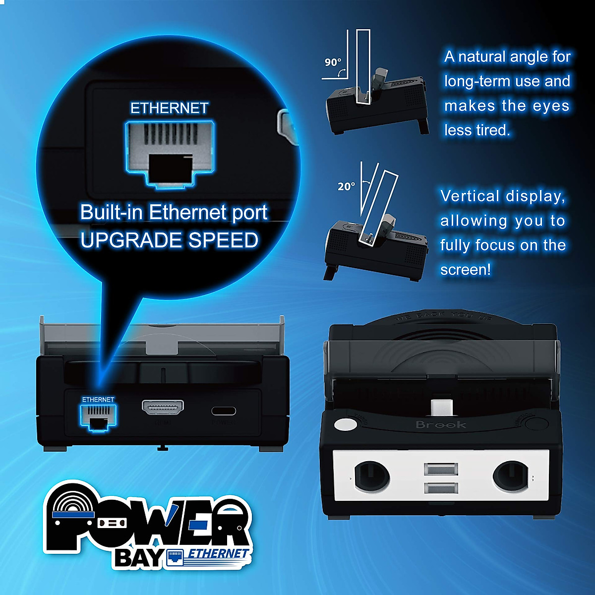 Brook Power Bay Ethernet - Portable, Fast Charging, Dock Stand, Docking Station for Nintendo Switch, Built-in Ethernet Port and GameCube Controller inputs, Supports HDMI Output, Stable Network Connect