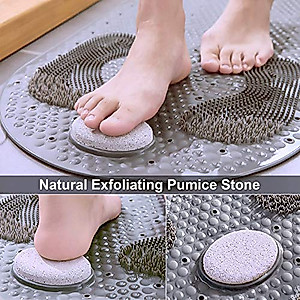 MOLFUJ 32"X16" Foot Scrubber Shower Mat with Feet Scrub Stone, Oval Bathtub Mat with Antislip Suction Cups and Drain Holes, Non Slip with A Pumice Stone for Feet Massage - Grey