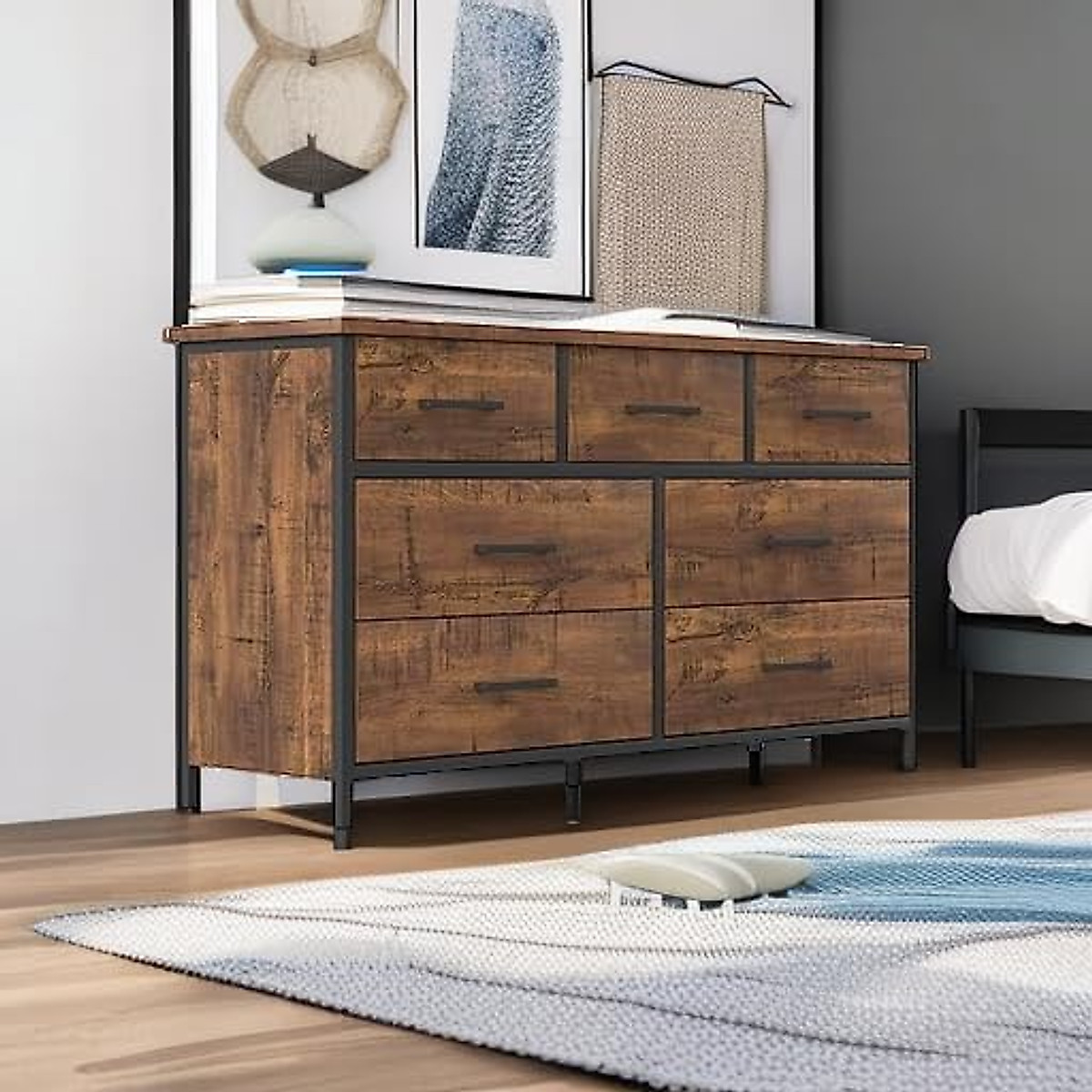 IKENO 7 Drawer Dresser for Bedroom, Industrial Wood Storage Dressers & Chests of Drawers with Sturdy Steel Frame, Storage Organizer for Bedroom Office Wood, Walnut