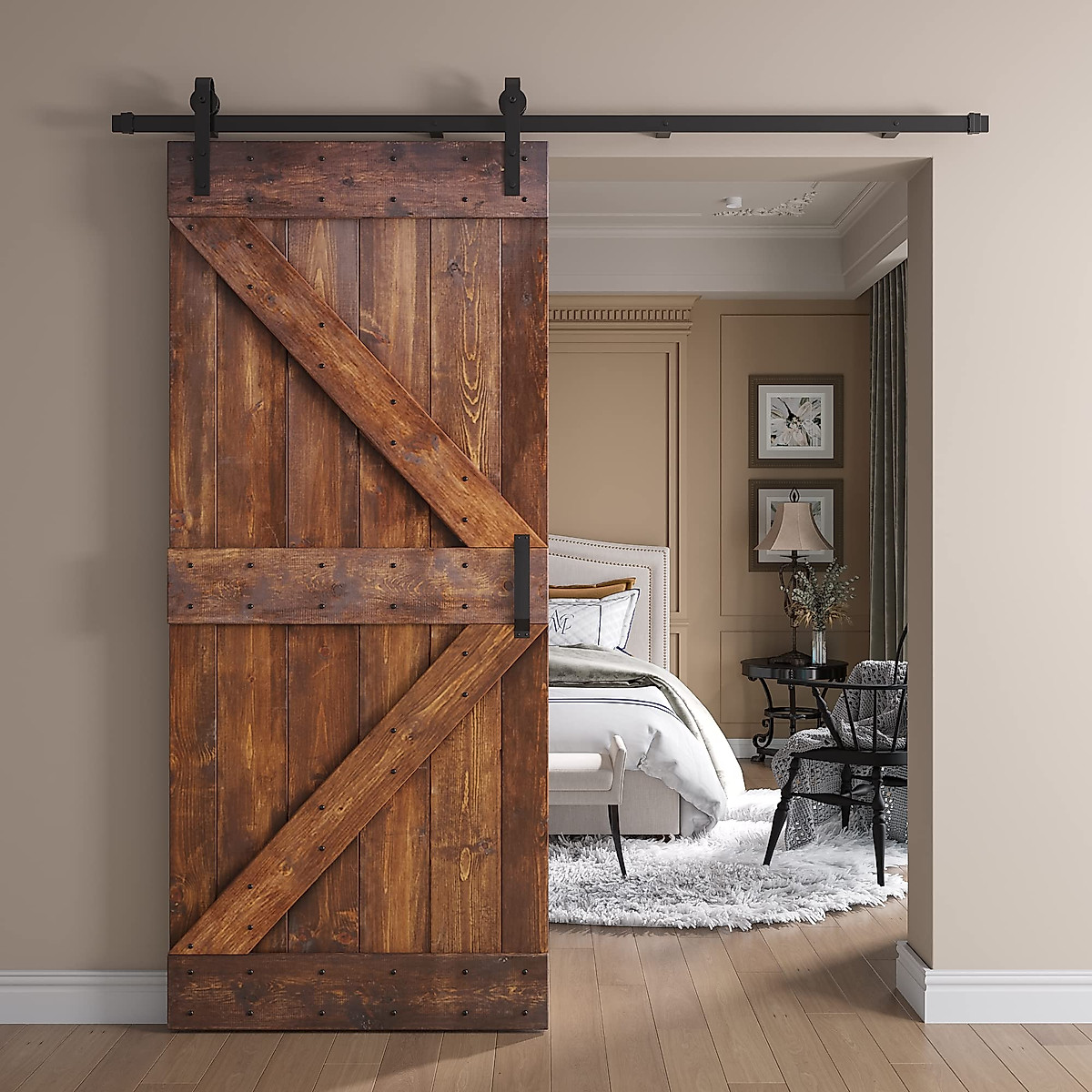 K Series 24in/30in/36in/38in/42in x 84in DIY Knotty Wood Sliding Barn Door with Hardware Kit (36 in x 84 in, Dark Walnut)