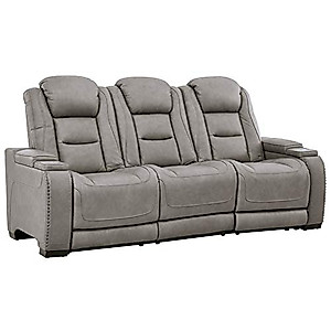 Signature Design by Ashley The Man-Den Leather Power Reclining Sofa, Gray & The Man-Den Leather Power Recliner with Adjustable Headrest & Wireless Charging, Gray
