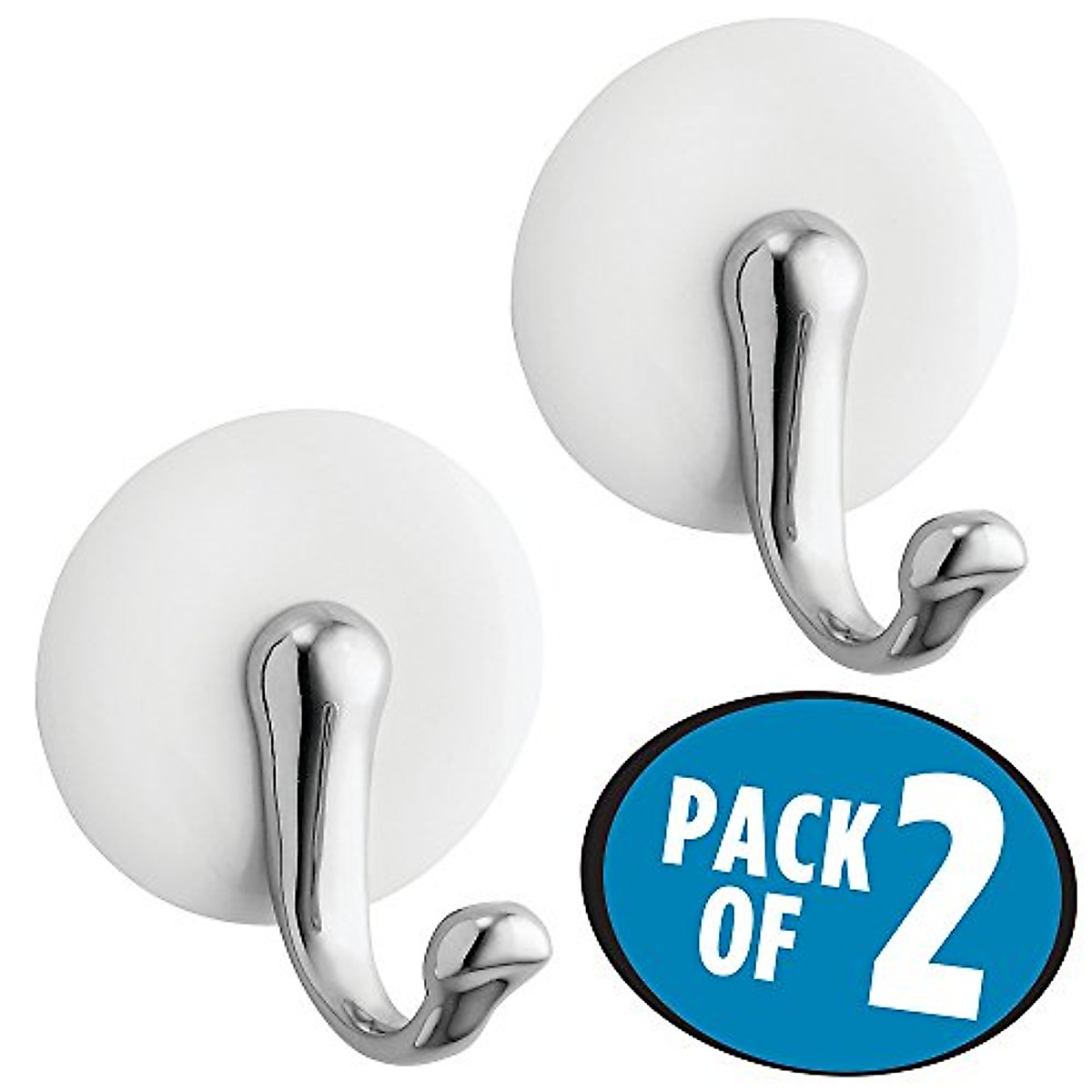 InterDesign AFFIXX Peel-and-Stick Strong Self-Adhesive Storage Hook for Office, Kitchen, Entryway - Pack of 2, Medium, White/Chrome