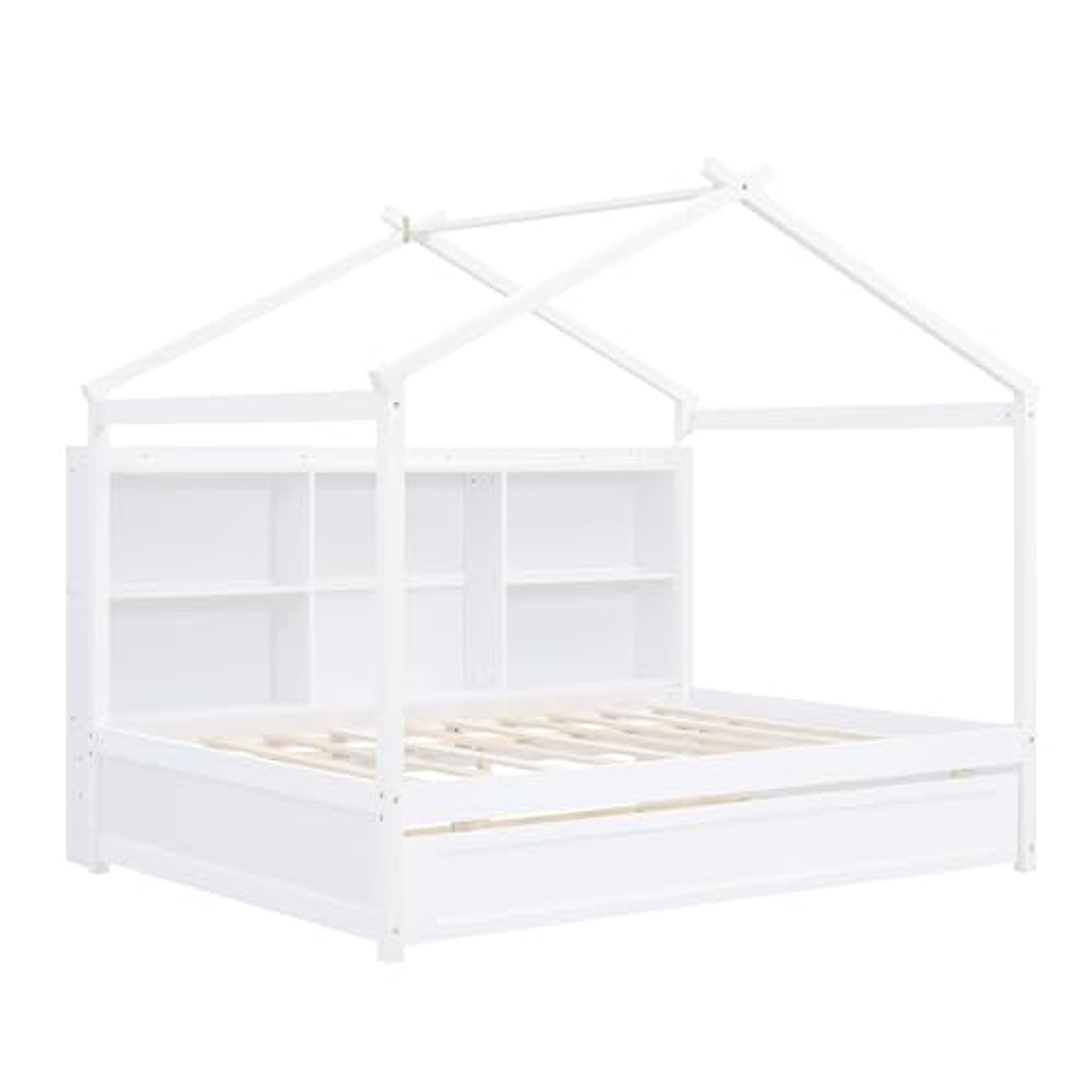 DEYOBED Full Size House Bed with Storage Shelves and Twin Size Trundle, Wooden Full Playhouse Bed, Canopy Bed, House Shape Bed Frame for Kids Boys Girls, No Box Spring Needed, Brushed White