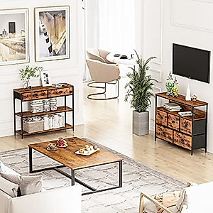 Furologee Console Sofa Table, TV Stand Console Table with Shelves, Dresser with 5 Fabric Drawers Closet Storage Organizer for Bedroom/Living Room/Entryway/Hallway, Rustic Brown