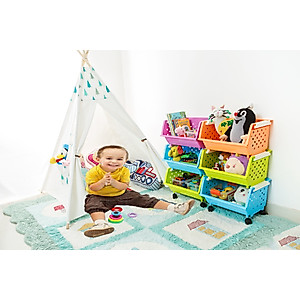 MAGDESIGNER Kids' Toys Chest Large Baskets Storage Bins Organizer with Wheels Can Move Everywhere Natural/Primary (Primary Collection) (6 Baskets Choose)