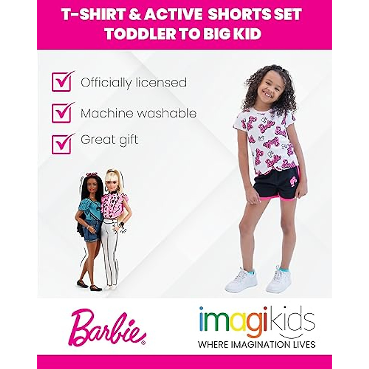 Barbie Big Girls T-Shirt and Dolphin Active Shorts Outfit Set Pink/Black 10-12