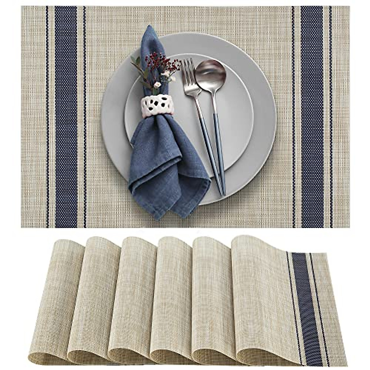 More Décor Dining Table Placemats, Washable Heat-Resistant PVC Vinyl Table Mats for Dining Room and Kitchen, Anti-Slip - Set of 6 - Vertical Striped Blue - Grey