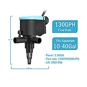 Kulife Aquarium Powerhead 130 GPH Circulating Water Pump for 10-40 Gallon Fish Tanks with Aerating Features