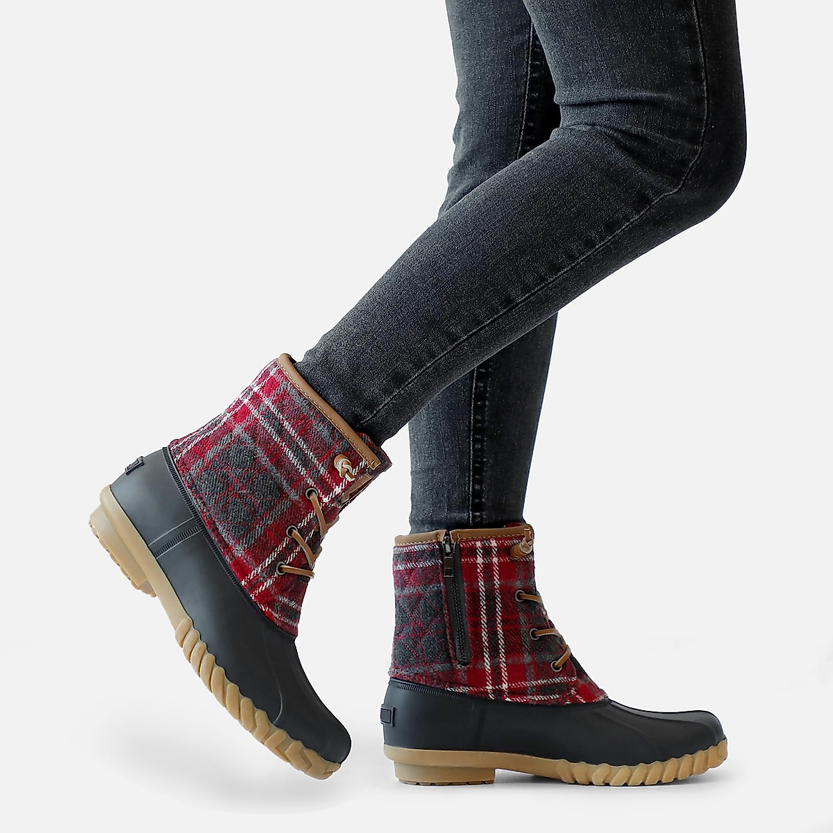 STQ Duck Boots Women Side Zipper Lace Up Insulated Waterproof Winter Ankle Snow Booties MULTI/PLAID 6 US