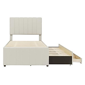 Twin Size Upholstered Platform Bed with Trundle and 3 Drawers, Linen Fabric Platform Bed with Headboard and Wooden Slat Support for Kids Boys Girls Teens, Easy Assembly (Beige + Linen-N11)