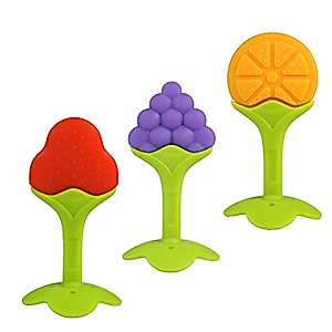 RaZbaby Infant & Baby Massager & Teether Toy 3-Pack, Fruit-Shaped Multi-Texture Teethers Soothe Sore Gums, Non-Toxic BPA-Free Food-Grade Silicone, Hands-Free & Easy to Hold, Safe to Freeze, 3M+