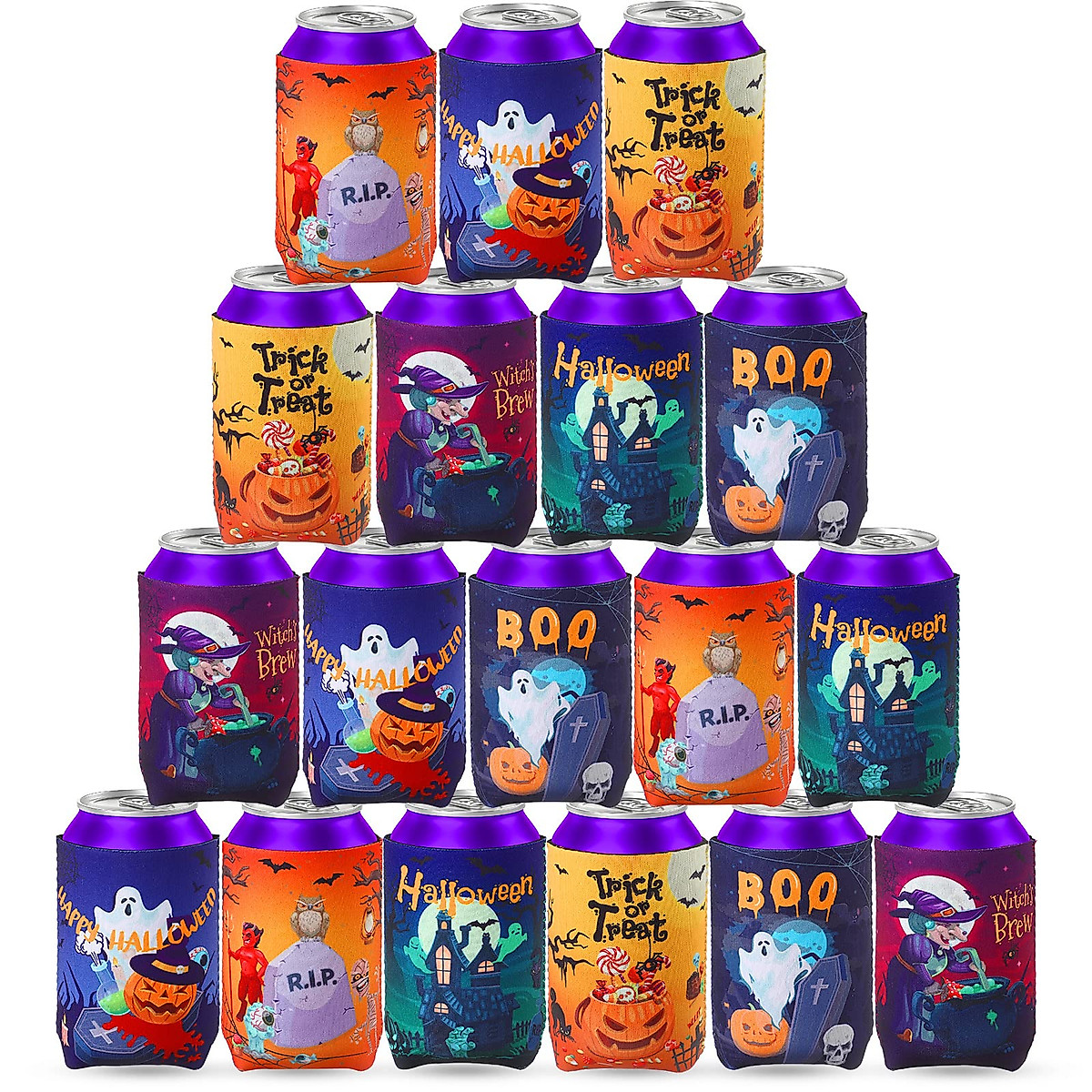 18 Pieces Halloween Can Cooler Sleeves Witch Pumpkin Bat Skull Beer Bottle Sleeves Funny Halloween Can Cooler Drink Coolers for Halloween Party