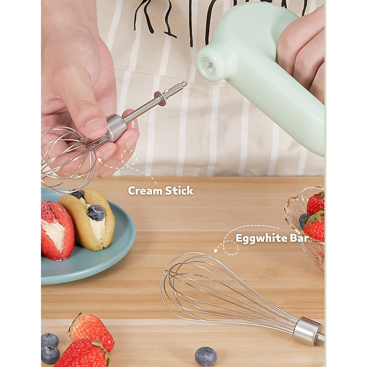 Wynboop MINI Household Cordless Electric Hand Mixer,USB Rechargable Handheld Egg Beater with 2 Detachable Stir Whisks 4 Speed Modes,Baking At Home For Kitchen,Lightweight Portable(Green)