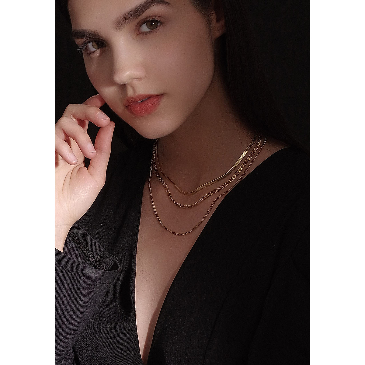 Elegance 11 designs 14k Gold Layered Herringbone Figaro Chain Necklaces Set For Women Real Gold Plated Stainless Steel Choker Flat Snake Chain Gold Non Tarnish Jewelry For Women