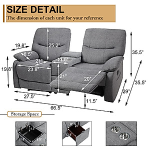 B BAIJIAWEI Double Reclining Loveseat - Fabric Home Theater Seating with Console - 2 Seater Manual Reclining Couch for Living Room, Office (Fabric- Light Grey)
