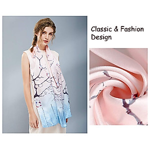 ANDANTINO 100% Mulberry Silk Long Scarf for Women Large Shawls for Headscarf and Neck- Oblong Hair Wraps with Gift Packed (Blue&Pink Branches)