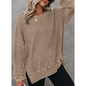 Dokotoo Womens Sweatshirt for Women 2024 Oversized Waffle Knit Crewneck Sweatshirt Long Sleeve Shirts Casual Loose Fit Lightweight Athletic Pullover Tunic Tops to Wear with Leggings Brown Large