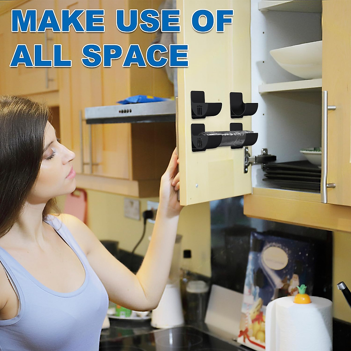 4pcs Trash Bag Holder, Trash Bag Dispenser Roll Holder Wall Mount Shopping Grocery Bag Roll Holder Plastic Trash Bag Organizer for Cabinet Kitchen Home Garbage Organization and Storage Rack (Black)