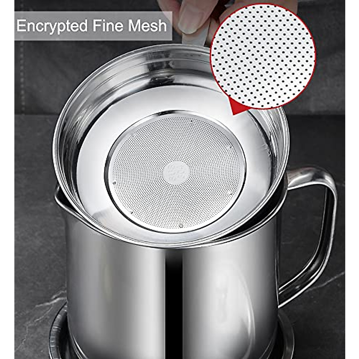 Bacon Grease Container with Strainer 1.25 L / 42 oz Strong SUS 304 Food-grade Stainless Steel Cooking Oil Keeper with Lid and Easy-Grip Handle Suitable for Storing Frying Oil and Cooking Grease