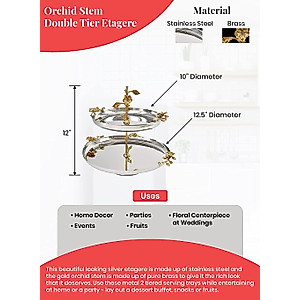 Serene Spaces Living Orchid Stem Two Tiered Serving Stand, Stainless Steel Display Tray for Fruits, Cookies, Macarons, Cakes, Pastry, Appetizer, 12" Tall, Tiers- 10" & 12.5" Diameter