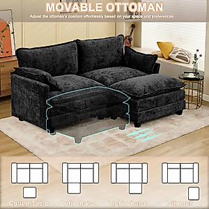 77.6" Sectional Sofa Cloud Couch with Ottoman, Comfy Deep Seat Sofa L Shaped Couch Modern Chenille Sofa Sleeper 2-Seat Loveseat Sectional Sofa Couch for Living Room Apartment, Black Sofa Couch