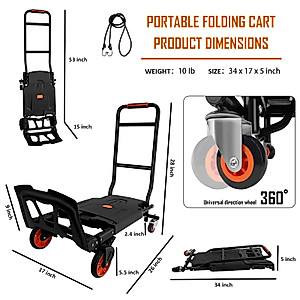 Folding Hand Truck, Dolly Cart Heavy Duty with 440lbs Capacity & 4 Wheels, Portable Hand Truck Dolly, 2in1 Transform Hand Cart, Collapsible Small Platform Cart for Home/Office/Travel Use, Easy Storage