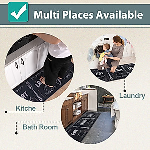 Carvapet 2 Pieces Kitchen Rug Set Non-Slip Backing Mat Throw Rug for Kitchen Doormat Runner Rug Set, Motto Design, Blackish/Dark Grey (17"x48"+17"x24")