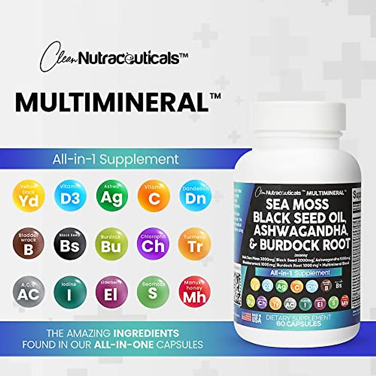 Sea Moss 3000mg Black Seed Oil 2000mg Ashwagandha 1000mg Turmeric 1000mg Bladderwrack 1000mg Burdock 1000mg & Vitamin C Vitamin D3 with Elderberry Manuka Dandelion Yellow Dock Iodine Chlorophyll ACV