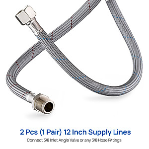 J-HVA Faucet Supply Lines Length 12" x G 3/8, 9/16" Female x 9/16" Male Thread Connector Braided Nylon Extension Hoses for Bathroom Kitchen Sink Faucet Hose Filter, Stainless Steel Nut (1 Pair)
