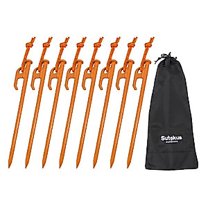 Sutekus Heavy Duty Steel Tent Stakes Color Tarp Pegs Solid Camping Stakes with Reflective Pull Cord for Outdoor Camping Garden Canopy, 8"/8PCS (Orange)