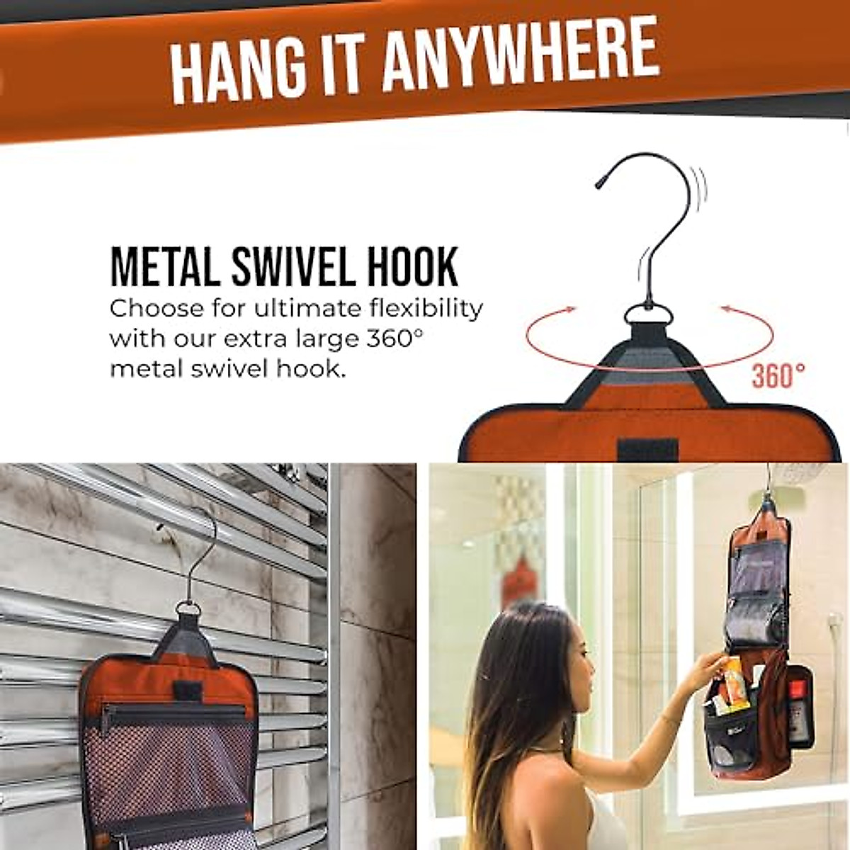 D&D Hanging Travel Toiletry Bag for Men and Women – Cosmetics, Makeup and Toiletries Organizer Kit with 10 Compartments, YKK Zippers, XXL Metal Swivel Hook, Water-Resistant Nylon