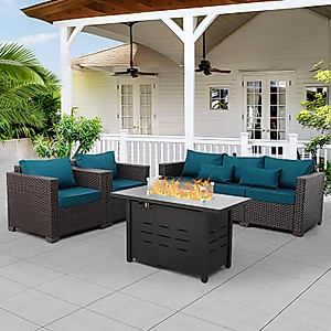 4 Piece Patio Furniture Set 45In Fire Pit Table Outdoor Furniture Sets Patio Couch Outdoor Chairs 50000 BTU Propane Fire Pit with No-Slip Cushions and Waterproof Covers, Peacock Blue