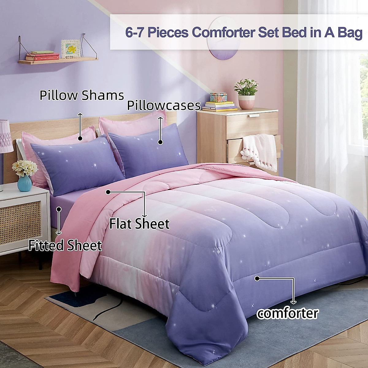 Girls Comforter Set Queen Size 7 Pieces Bed in A Bag Ombre Pink Purple Rainbow Bedding Set Collections for Teen Women (1 Comforter, 1 Flat Sheet, 1 Fitted Sheet, 2 Pillow Shams, 2 Pillowcases)