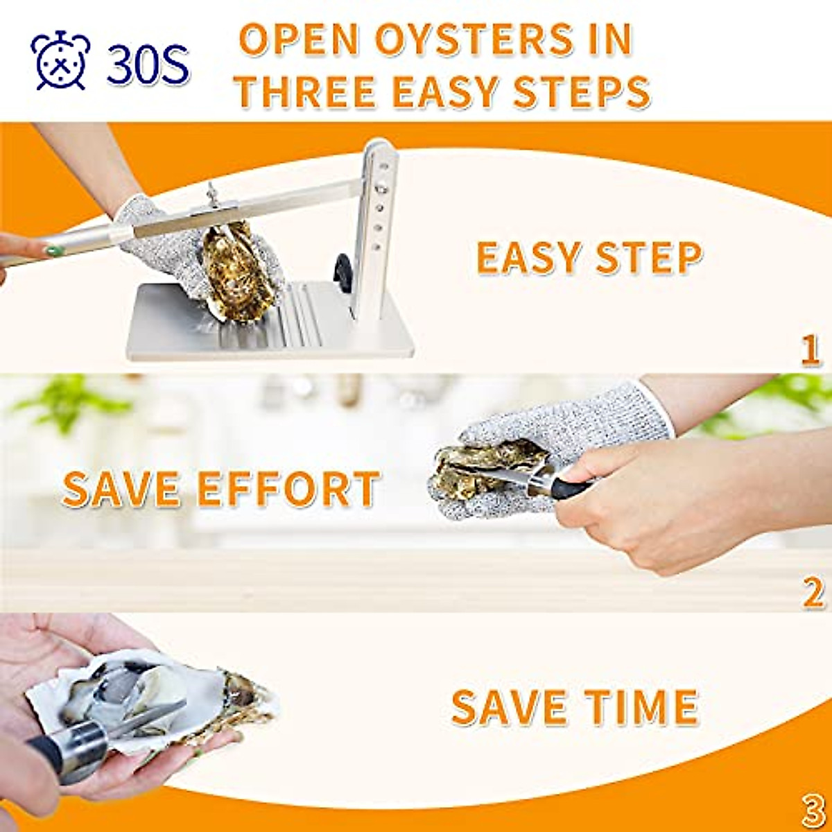 Stainless Steel Oyster Openers Two Cutter Head, All Metal Oyster Shuckers Durable Tool Set No Plastic with G-clamp, Oyster Knife, Level 5 Cut Resistant Gloves for Home Seafood Workshop Restaurant