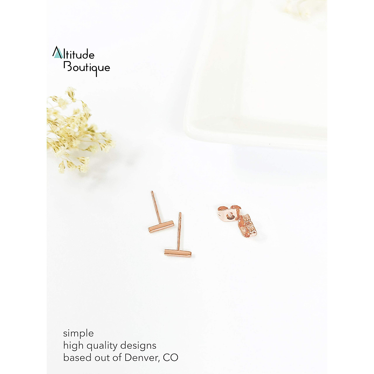 Altitude Boutique 18K Gold Plated Skinny Wire Midi Balance Bar Stud Earrings Hypoallergenic Long Bar Earrings in Gold, Rose Gold, or Silver | Delicate Jewelry (Rose Gold, 6mm)
